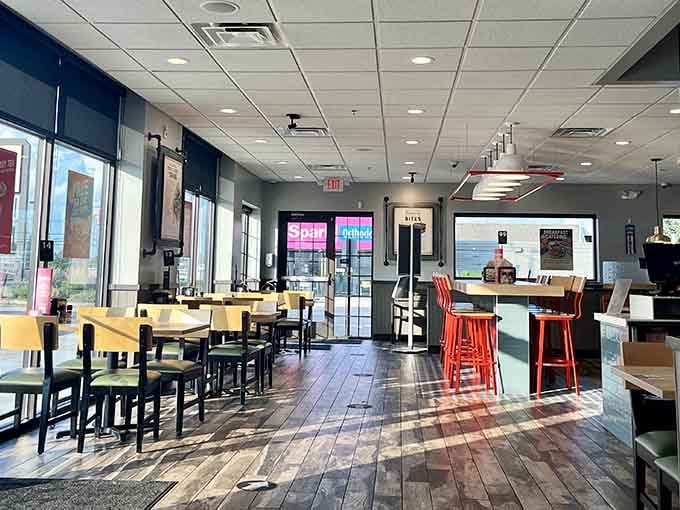 Bright, spacious, and welcoming, the dining area invites you to actually sit down and enjoy your meal like a civilized human.