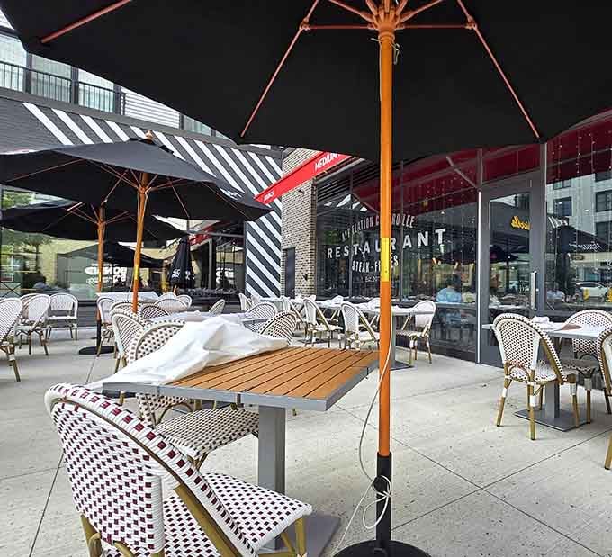 Outdoor seating with striped umbrellas offers a European caf&eacute; vibe for those perfect Massachusetts weather days we occasionally get.