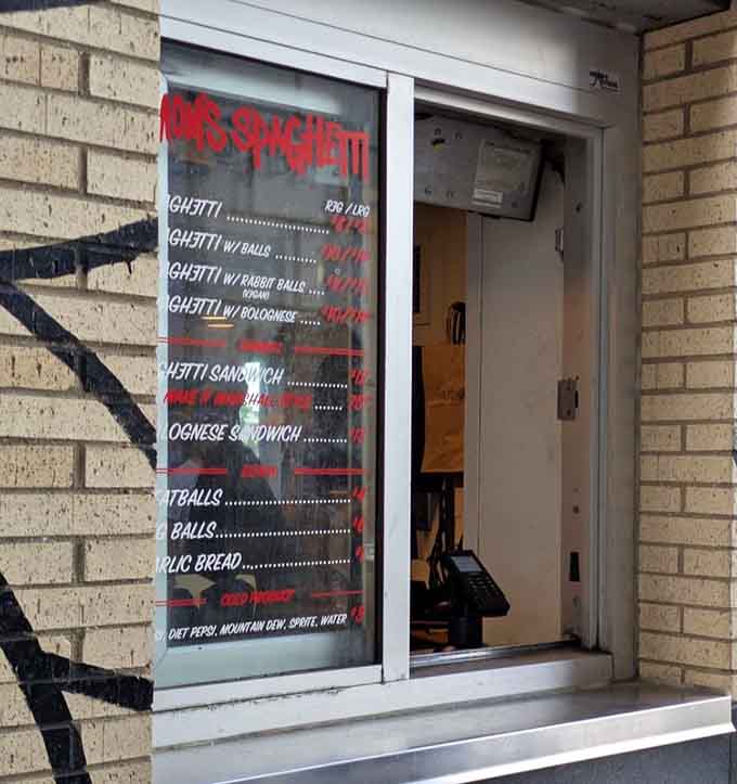The walk-up window where spaghetti dreams begin, simple and inviting like the best things are.