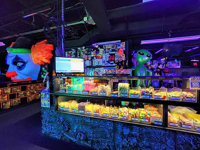 The snack counter glows like a treasure chest, offering sustenance for weary golfers in this wonderfully bizarre world.