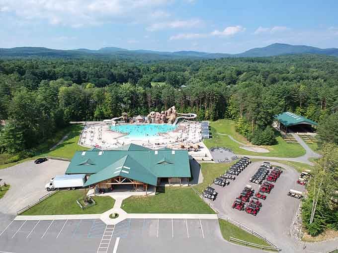 An aerial view reveals the full scope of this Adirondack gem, where forest meets fun in spectacular fashion.