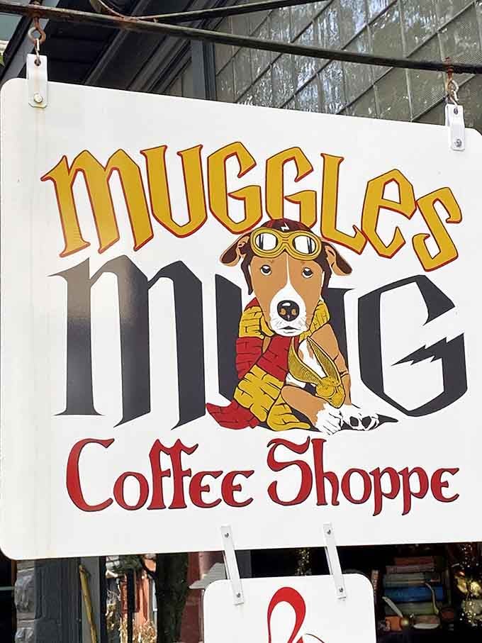 The shop's sign features a dog in wizard gear, cleverly playing on the name with adorable canine charm.