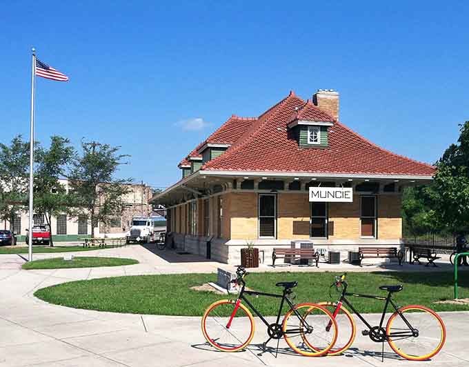 The old depot building now serves cyclists, proving adaptive reuse beats demolition every time.