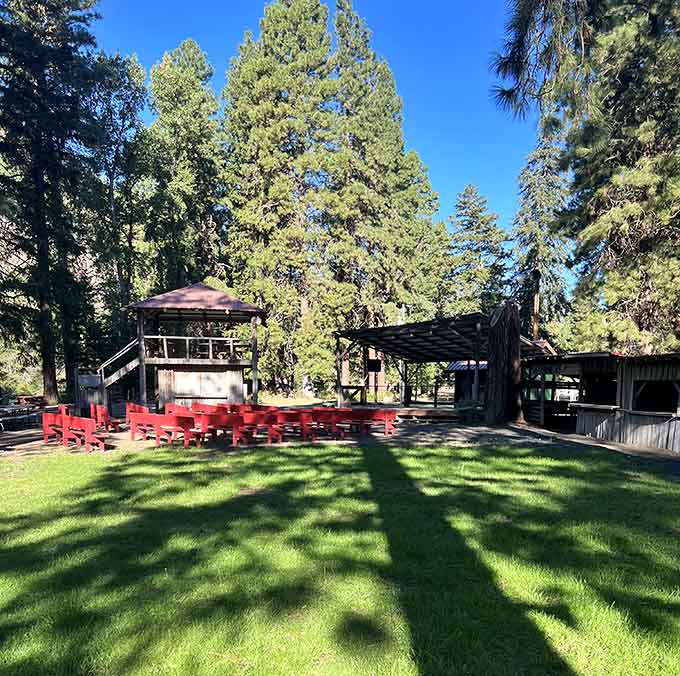 Jim Sprick Community Park features picnic areas and red benches perfect for lazy summer afternoons with family.