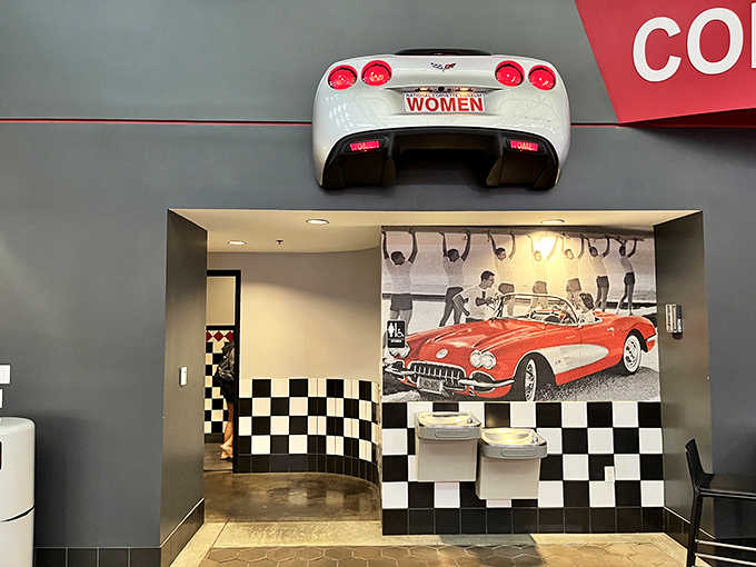 Even the restrooms celebrate automotive history, proving this museum doesn't miss a single opportunity for four-wheeled appreciation.