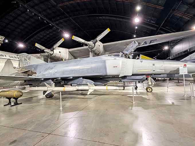 The F-4 Phantom II sits ready for action, looking fast even while permanently parked on display.