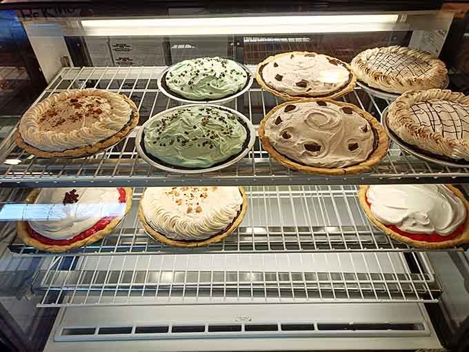 Rows of gorgeous pies waiting patiently, though let's be honest, patience isn't required here.