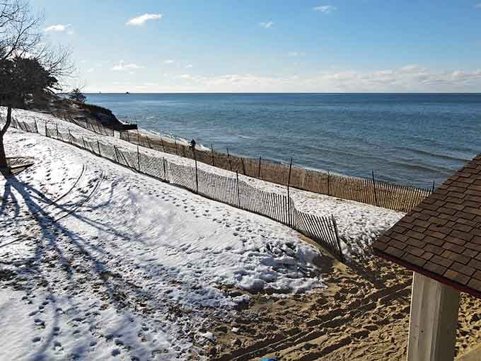 Winter transforms the beach into something otherworldly, proving Lake Michigan has more moods than a teenager.