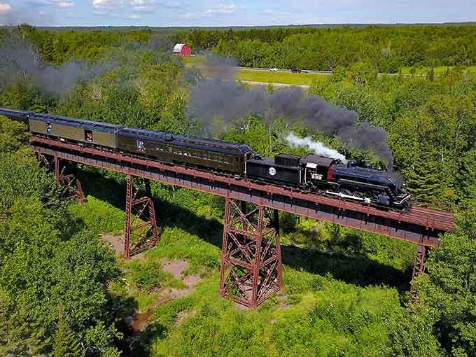 A steam locomotive crossing the trestle with smoke billowing, proving some views belong in actual history books forever.