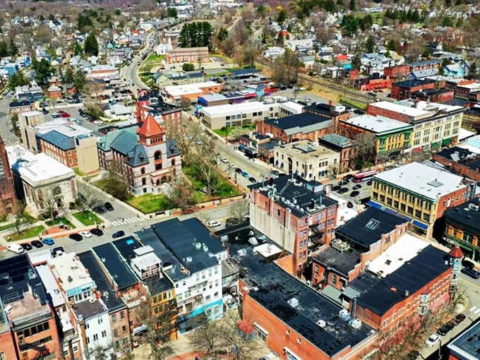 Aerial views reveal a compact, walkable town where everything you need lives within a reasonable distance from home.