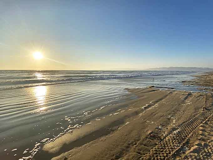 Morning light gilds the shoreline in gold, promising another perfect California beach day ahead.