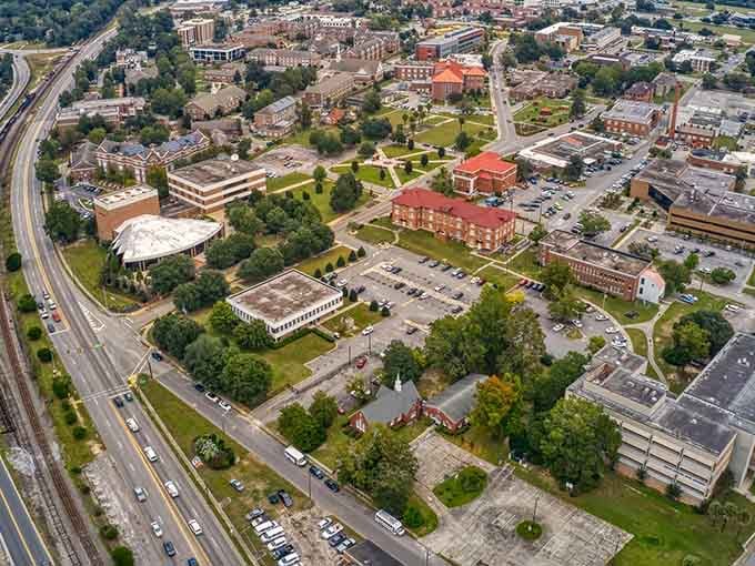 An aerial view reveals how Orangeburg blends historic campus buildings with green spaces in perfect Southern harmony.
