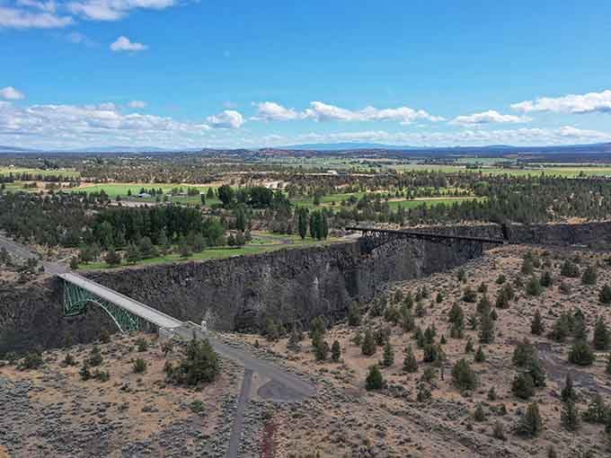 Aerial perspective reveals how the Crooked River carved this magnificent gorge through ancient volcanic rock formations.