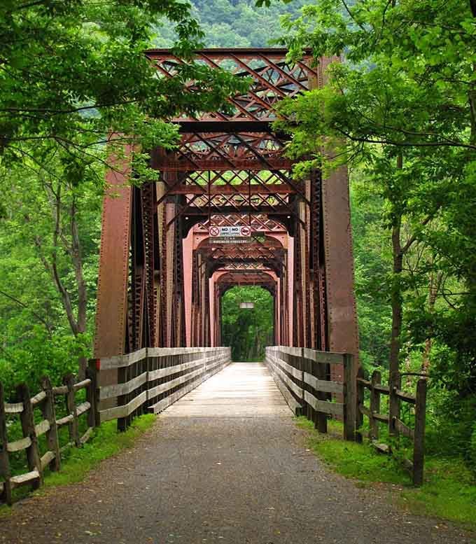 This historic railroad bridge now carries hikers and bikers instead of lumber, proving that good infrastructure never goes out of style.