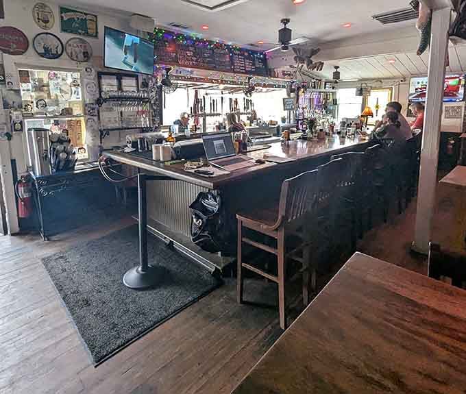 The bar stands ready to pour cold beers and craft cocktails for thirsty literary pilgrims and locals alike.