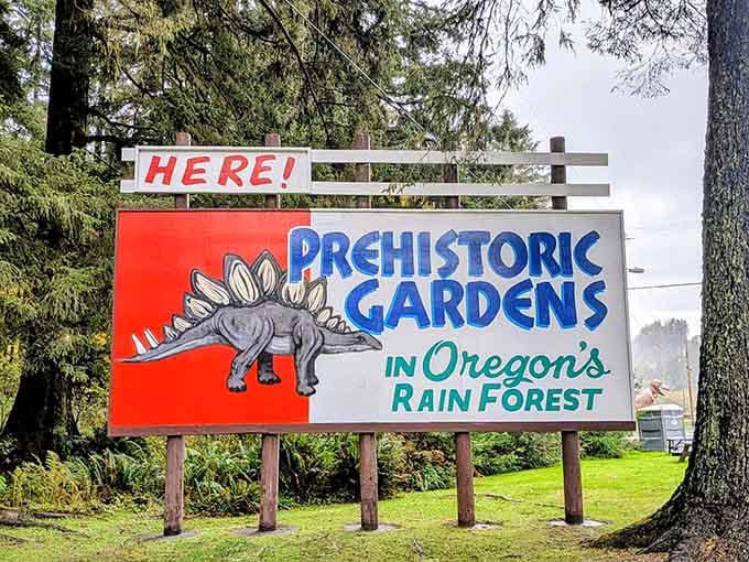 That roadside sign announcing "HERE!" with a Stegosaurus is peak roadside attraction energy at its finest.