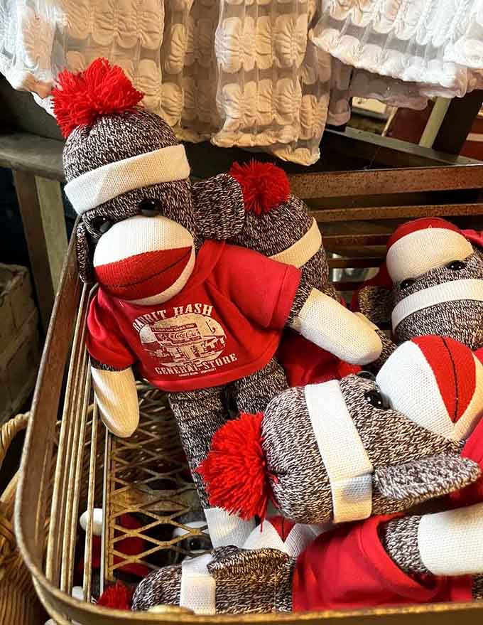 Sock monkeys wearing Rabbit Hash gear prove that even souvenirs here have more personality than most tourist traps.