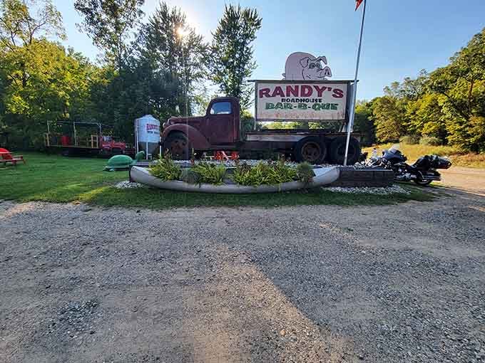 The entrance announces itself with vintage truck charm, making sure nobody accidentally drives past paradise.