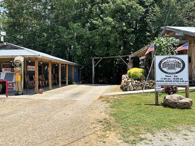 Cheerful flowers and an American flag welcome visitors to this unassuming entrance that hides one of nature's most spectacular dining rooms.