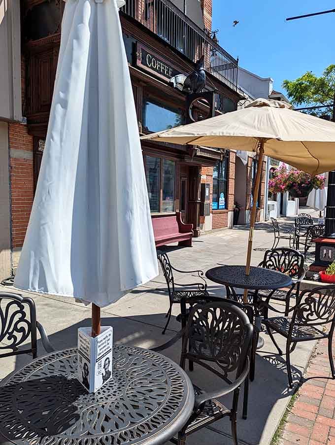 Outdoor seating under umbrellas for those perfect Michigan days when the weather cooperates and dining alfresco becomes absolutely mandatory.