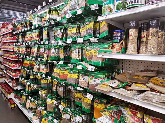 Spice packages hanging like flavor lottery tickets, where every selection wins and your cooking becomes legendary instantly.