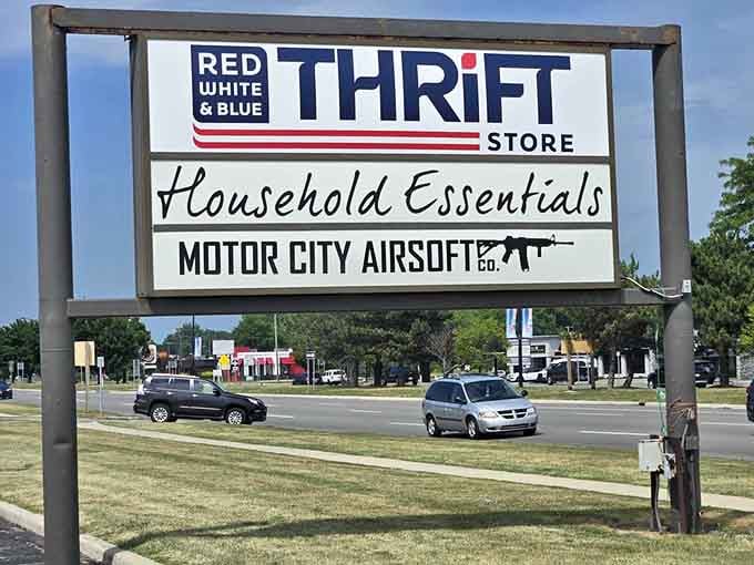 The sign says it all: household essentials await inside, proving thrift shopping is truly an American tradition.