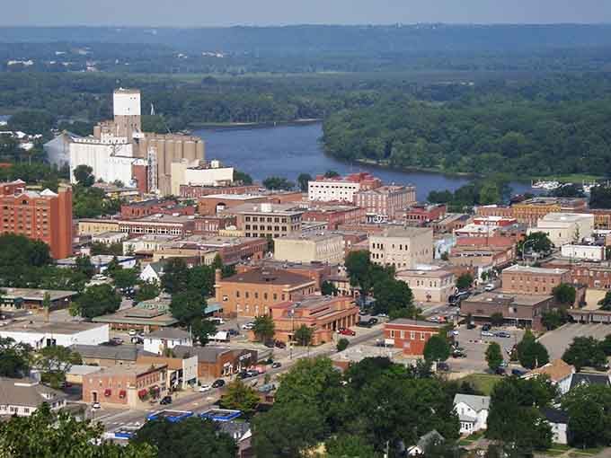 This aerial perspective reveals how perfectly Red Wing nestles between river and bluffs in natural harmony.