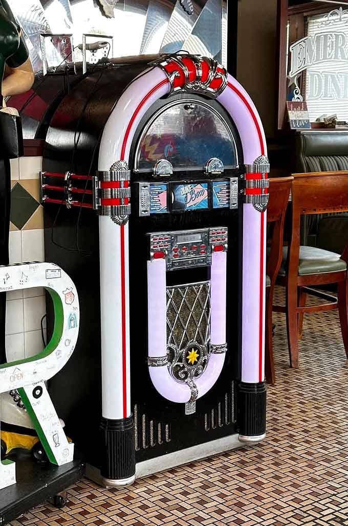 The vintage jukebox stands ready to soundtrack your meal with classics, because great diners understand atmosphere matters too.