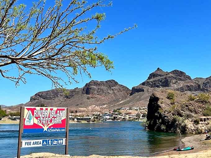 The welcome sign promises swimming and boating, which is desert-speak for "bring your sunscreen and sense of adventure."