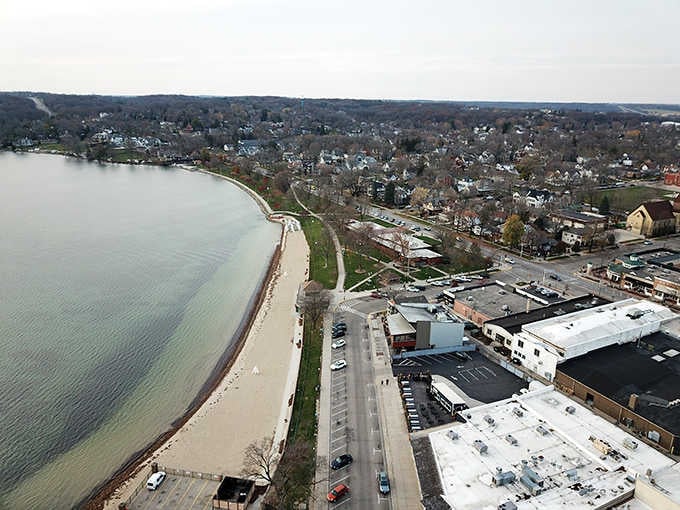 From above, you can see how this beach nestles perfectly into Lake Geneva's shoreline like it belongs.