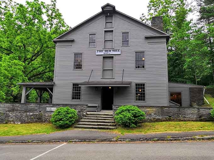 The Old Mill stands as a reminder of the area's history, weathered but dignified through the decades.