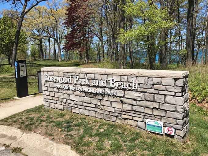 Welcome sign greeting visitors to Rosewood Park and Beach, marking the official entrance to your North Shore escape.