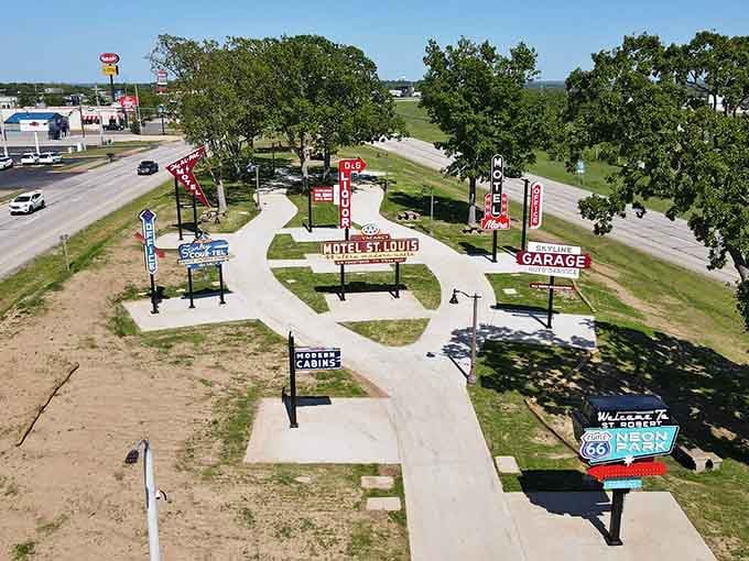 From above, the park's layout reveals the careful arrangement of these rescued signs, each one a piece of history.