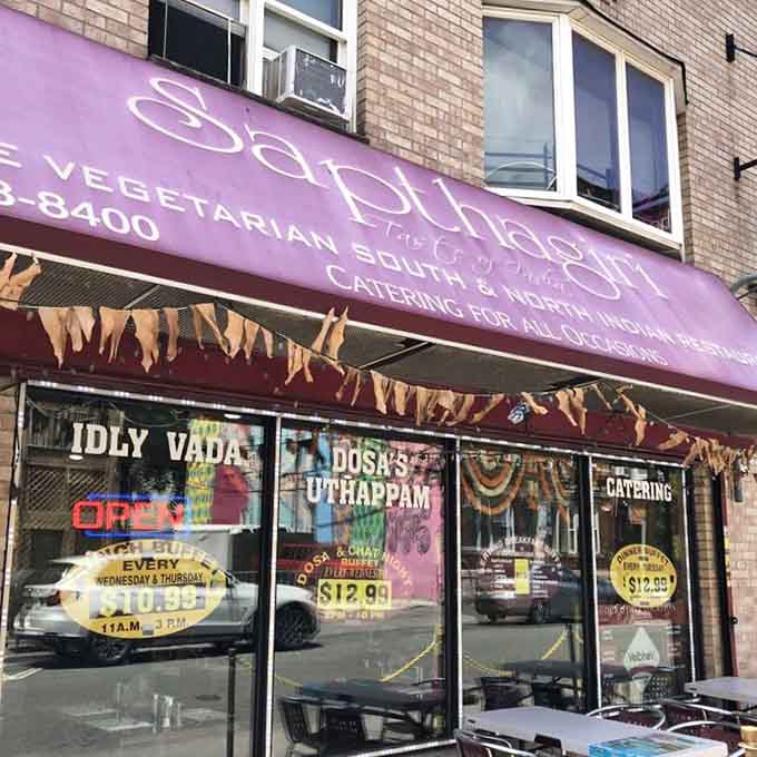 The signage proudly declares its vegetarian mission, making it easy to spot your next favorite lunch destination from blocks away.