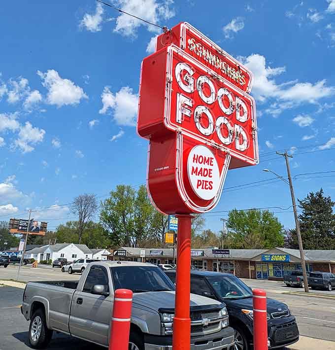 That vintage "Good Food Home Made Pies" sign towers over Navarre Avenue like a delicious lighthouse guiding hungry souls safely home.