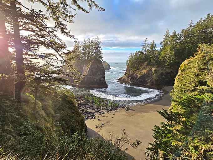 Hidden paths lead you to this stunning, secluded cove where dramatic sea stacks and ocean waves create your perfect escape.