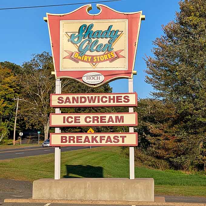 A sign that promises sandwiches, ice cream, and breakfast, delivering on every word with decades of excellence.