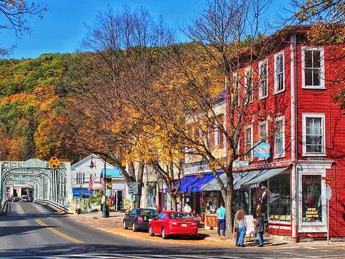 Downtown Shelburne Falls in fall glory, where every storefront competes for most photogenic building on the block.
