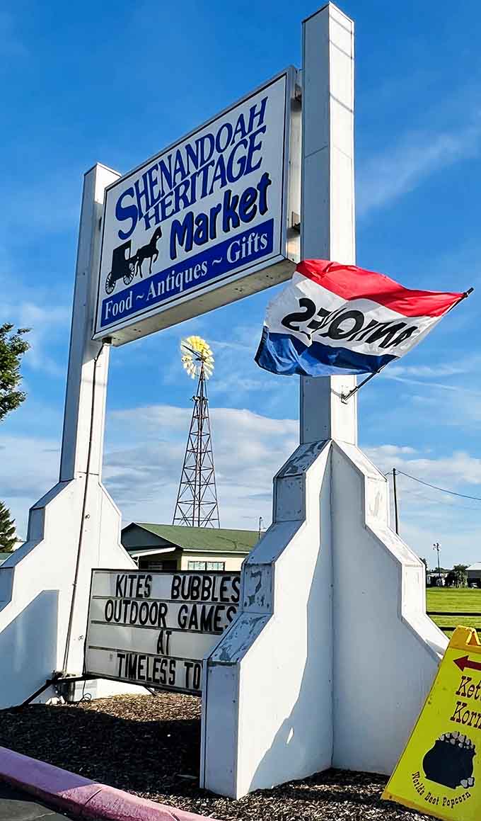The sign promises food, antiques, and gifts, but really delivers a portal to simpler times.