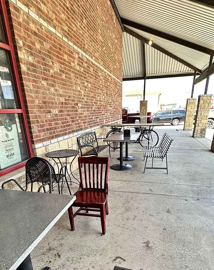 Outdoor seating invites you to enjoy your kolache haul in the Texas sunshine before continuing your journey southward.