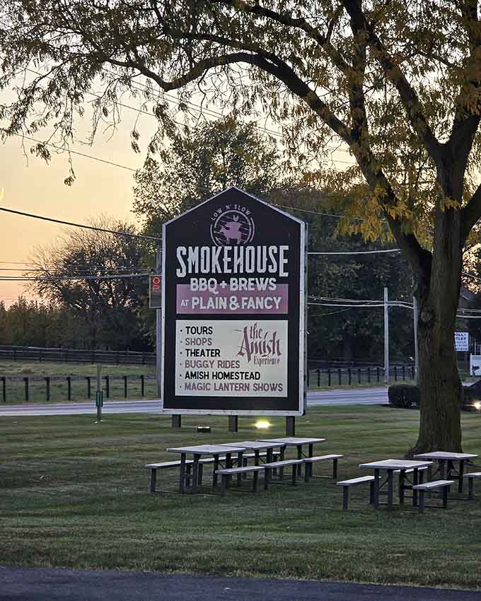 The sign outside promises BBQ and brews, plus buggy rides, because only in Lancaster County, folks.