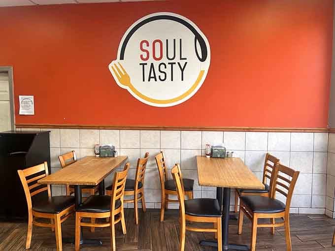 Simple wooden tables and chairs creating the perfect no-fuss atmosphere where food takes center stage without any distractions.
