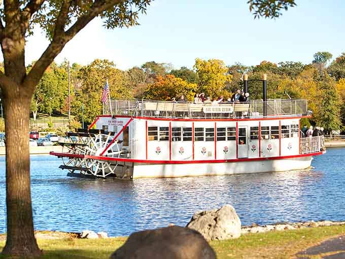 Paddlewheel riverboats proving that Mark Twain's vision of river travel still works in modern Illinois.