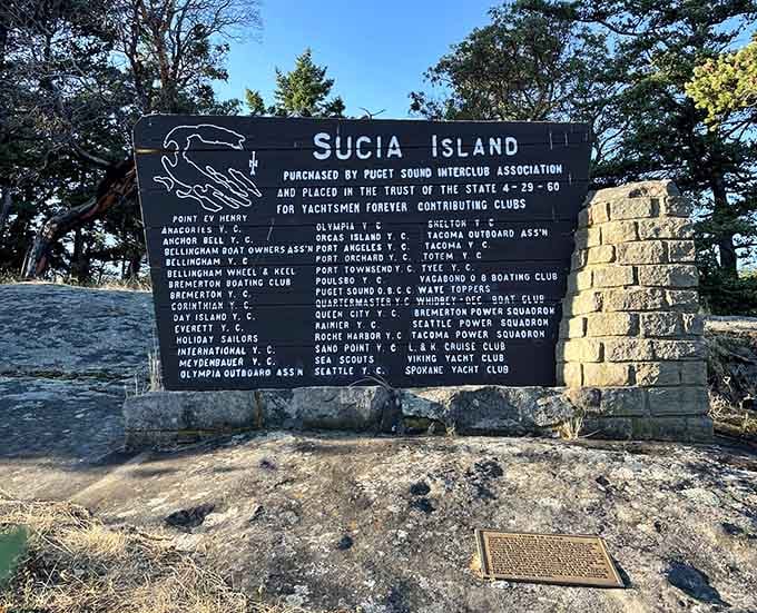 This memorial plaque honors the boating clubs who saved Sucia Island, proving good people do great things together.