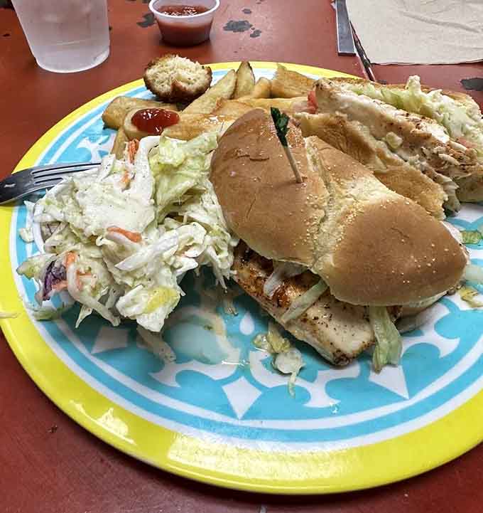 Blackened mahi with slaw and fries is Florida on a plate, assuming Florida tastes absolutely fantastic and comes with tartar sauce.