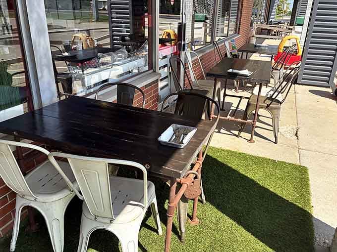 Outdoor seating for when the weather cooperates and you want your pierogies with a side of sunshine.