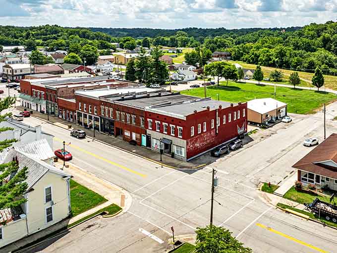 From above, the historic downtown reveals its compact charm, where brick buildings tell generations of community stories.