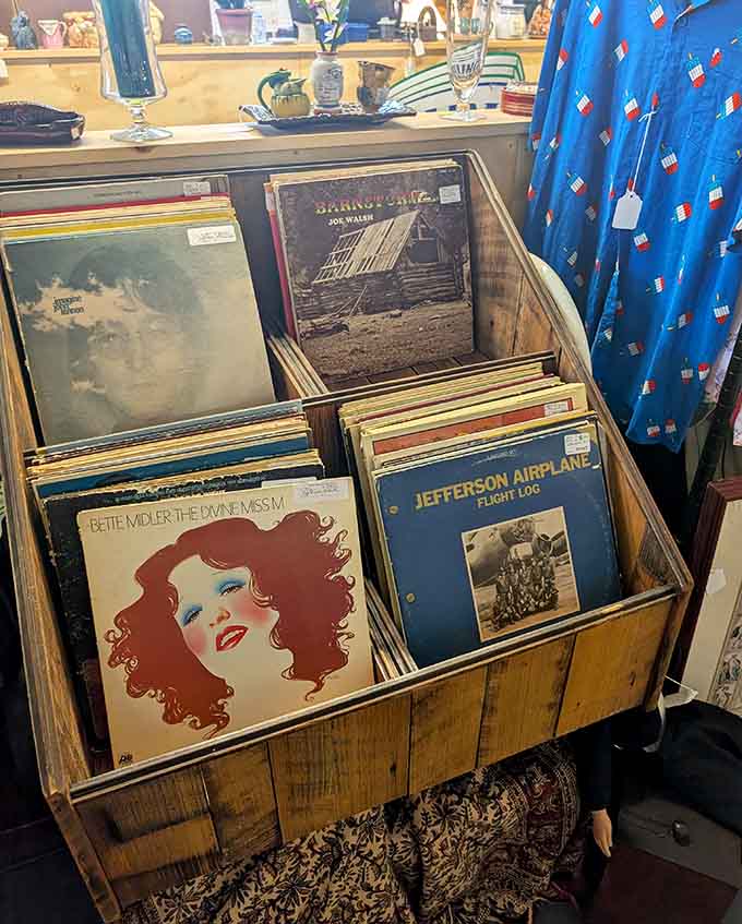 Vinyl records waiting to spin again, from Bette Midler to Jefferson Airplane, each album a time capsule.