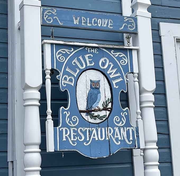 That hand-painted sign featuring a wise blue owl knows exactly why you're here, and fully approves.