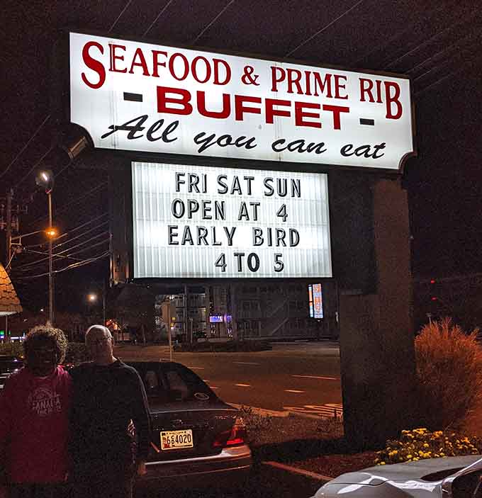The marquee announces early bird specials like a movie theater, except the show is all about your appetite.